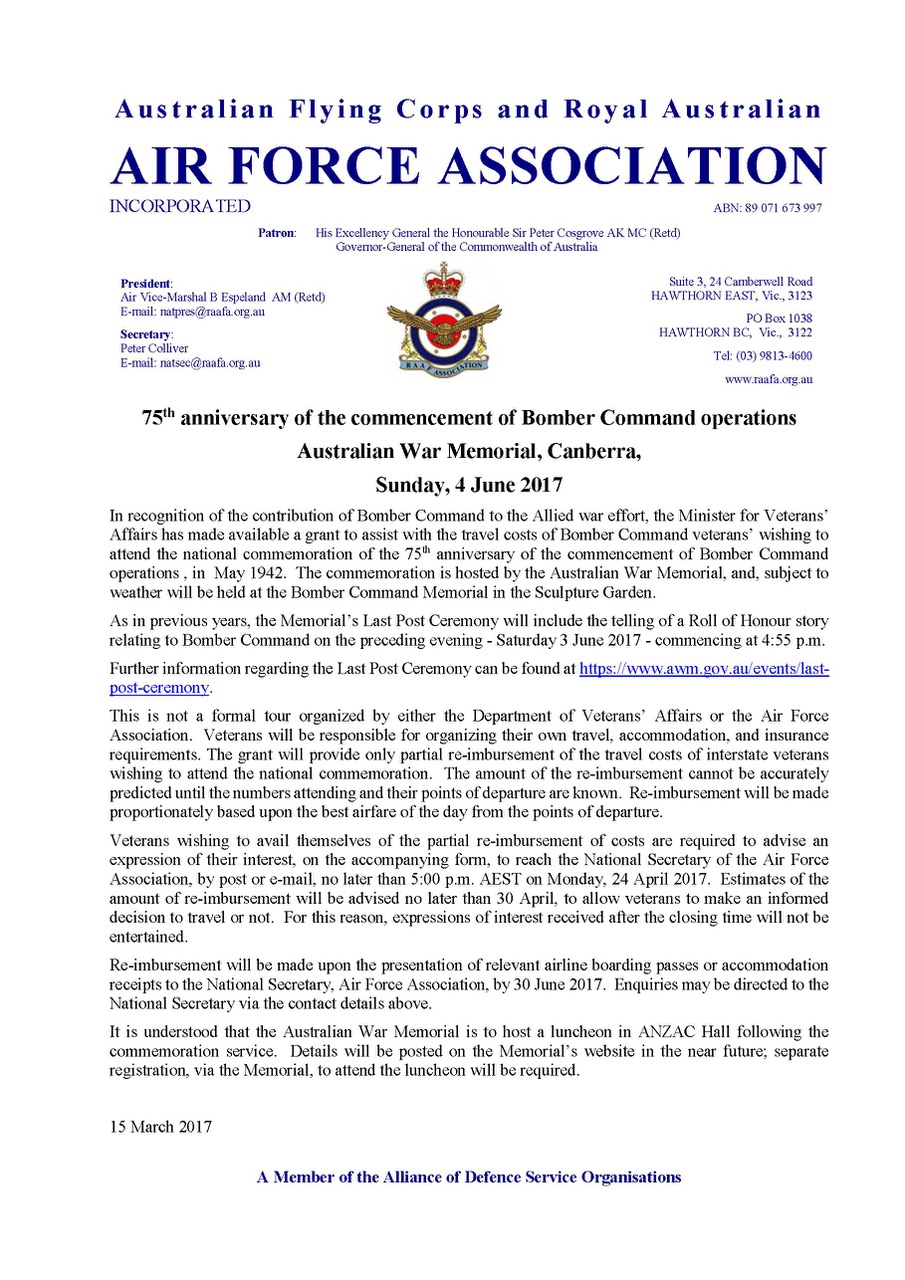 RAAF 75th Anniversary notification | Bomber Command Commemorative ...